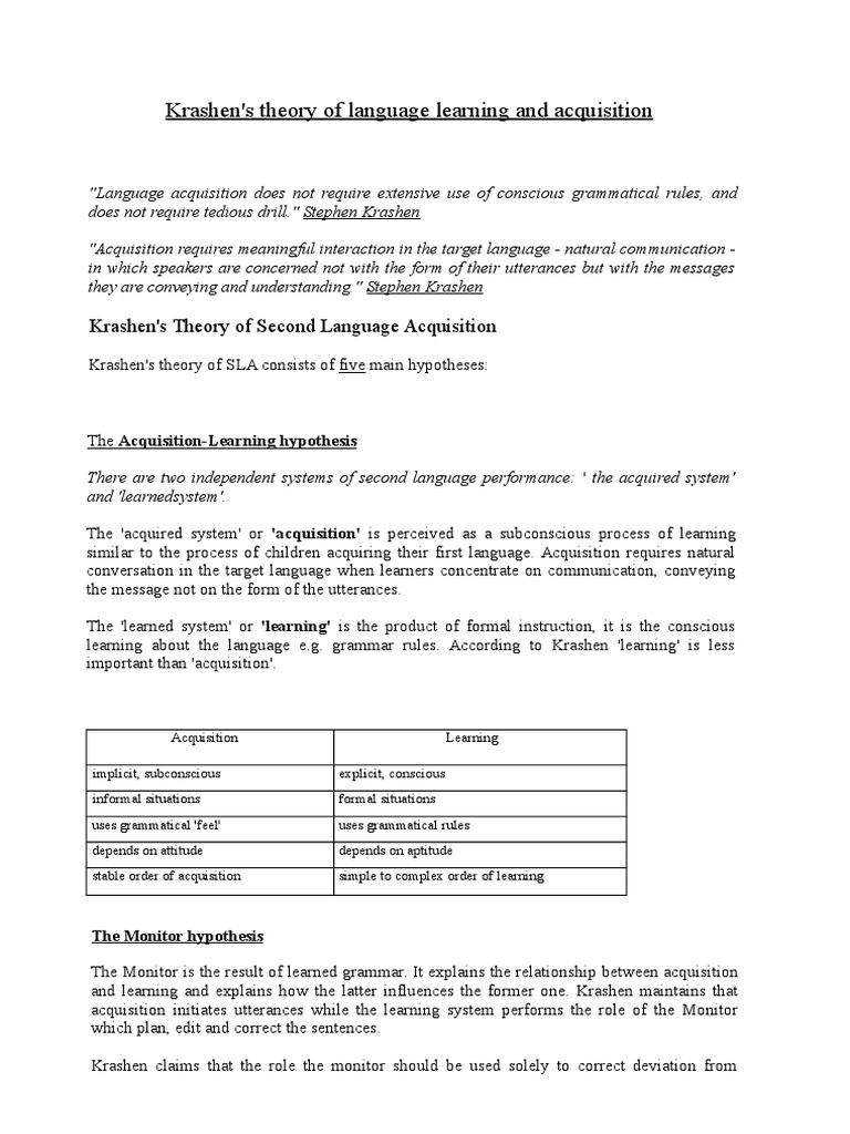 Krashen's Theory of Language Learning and Acquisition | PDF | Second ...