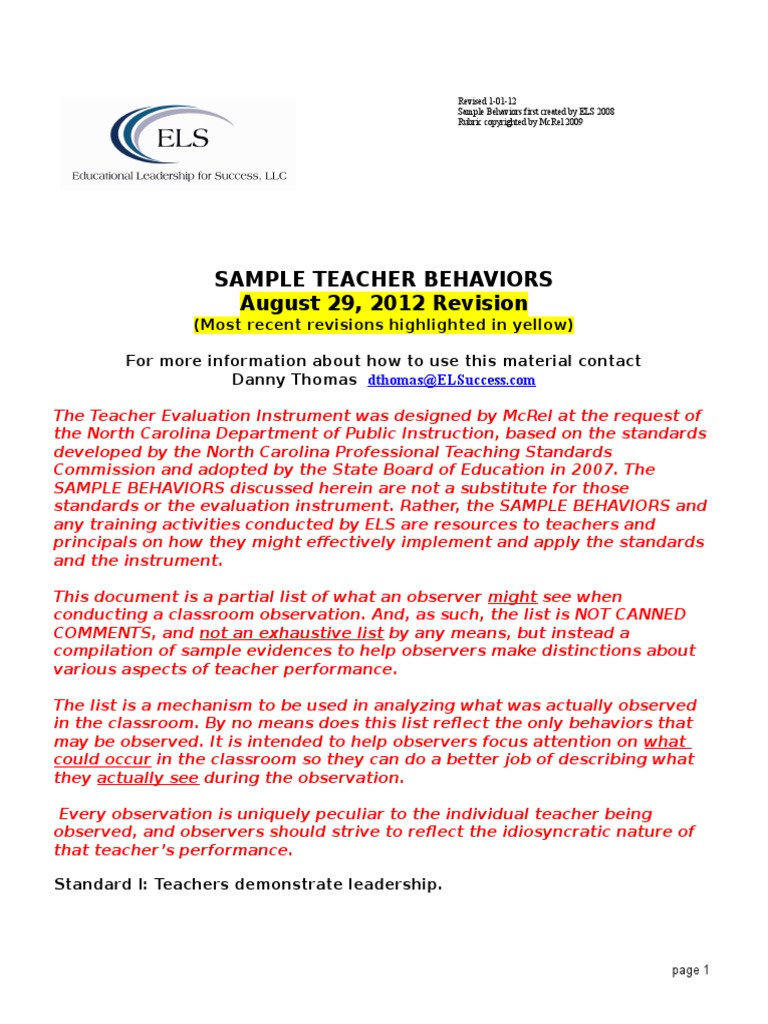 Sample Teacher Behaviors | PDF | Individualized Education Program ...