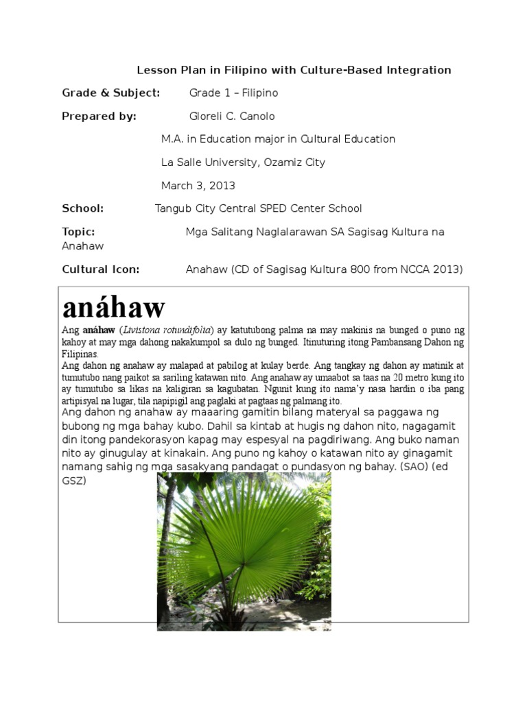 Lesson Plan in Filipino Grade1 - Gloreli Canolo | PDF