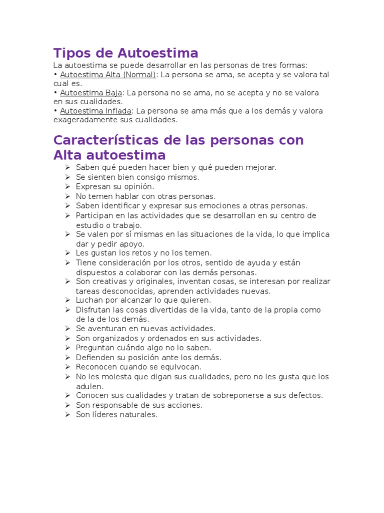 Tipos de Autoestima | PDF | Autoestima | Temor