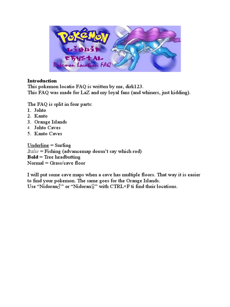 Pokémon Liquid Crystal Locations Guide | PDF | Video Games | Nintendo ...