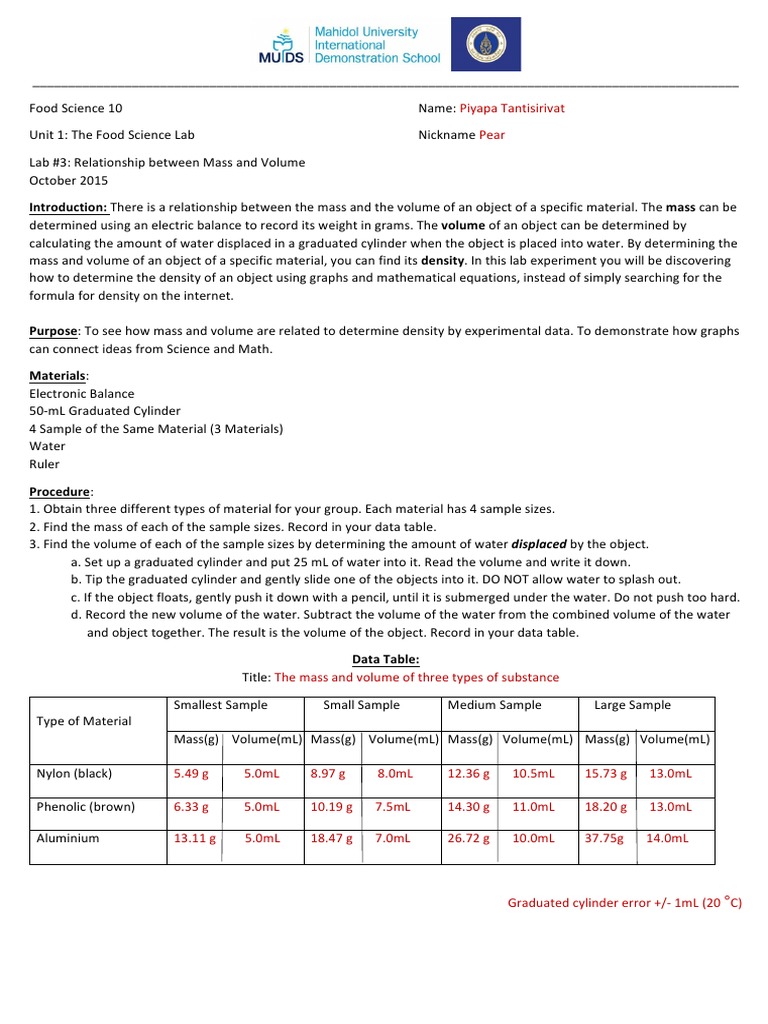 Mass-Volume Relationship Lab | PDF | Density | Volume