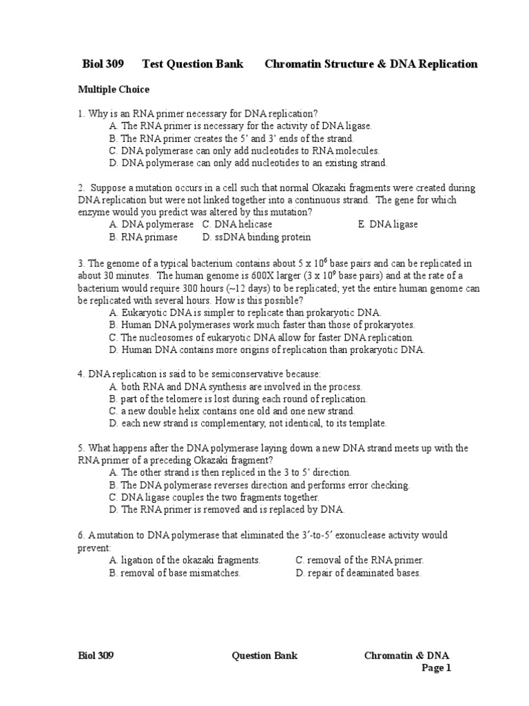 DNA Replication Test Question Bank | PDF | Dna Replication | Dna