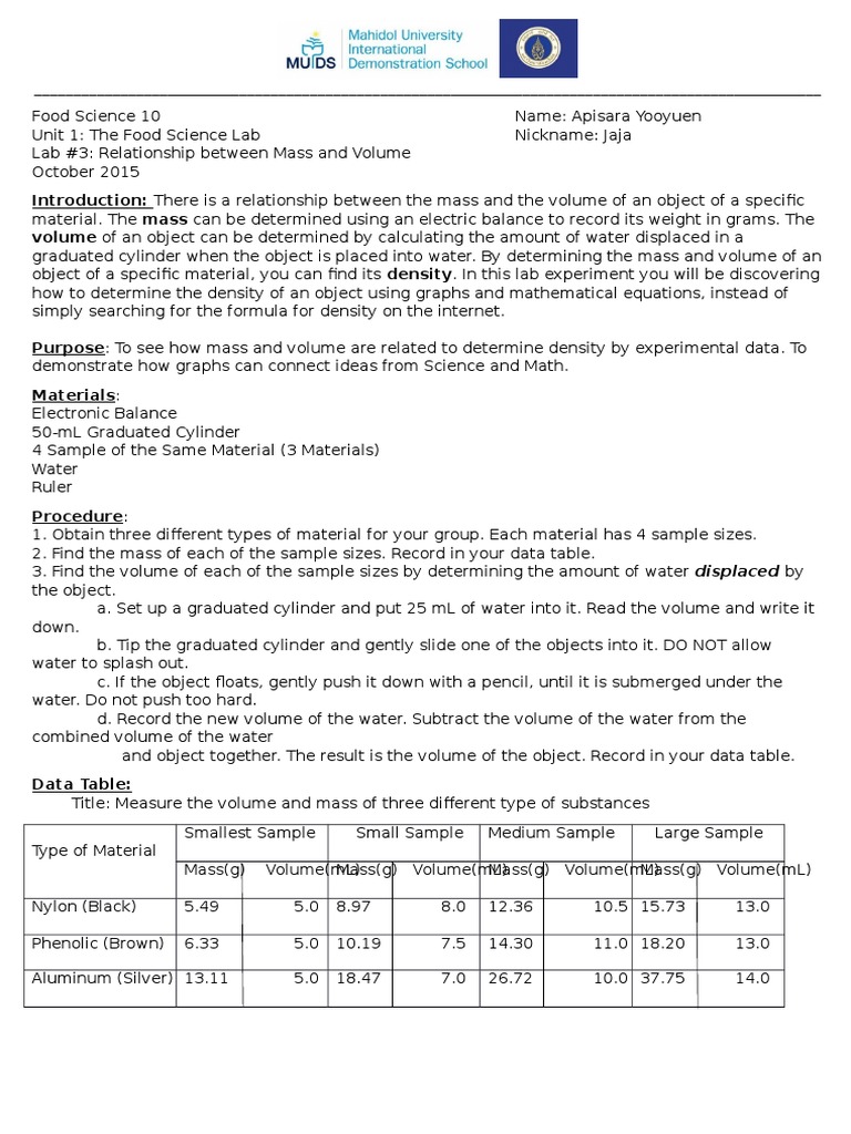 Lab 3 Relationship Between Mass and Volume | PDF | Density | Volume