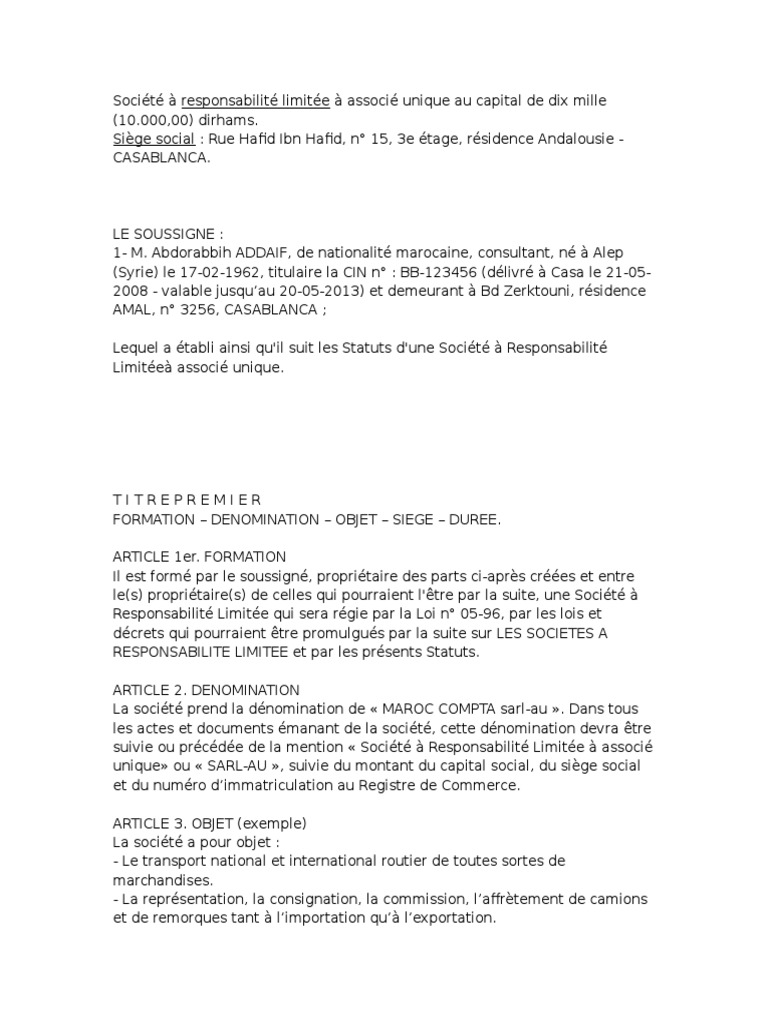 Modèle Statuts SARL AU | PDF | Partenariat | Dividende