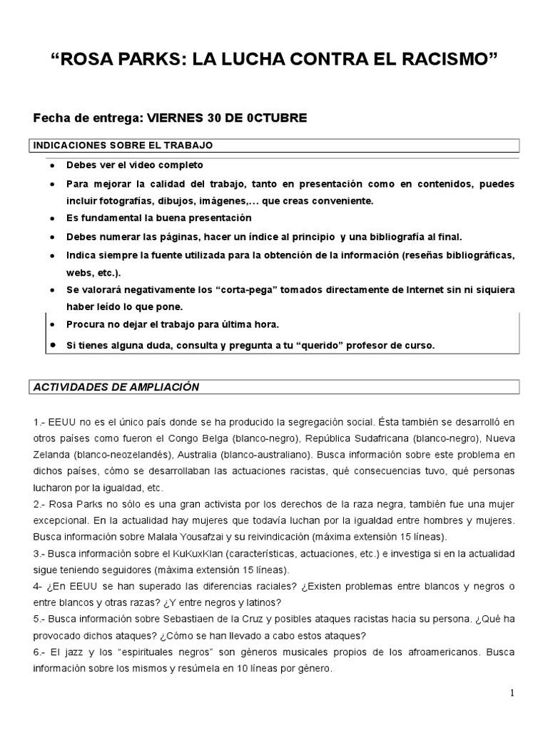 Ficha Lectura Rosa Parks | PDF | Rosa Parks | Racismo