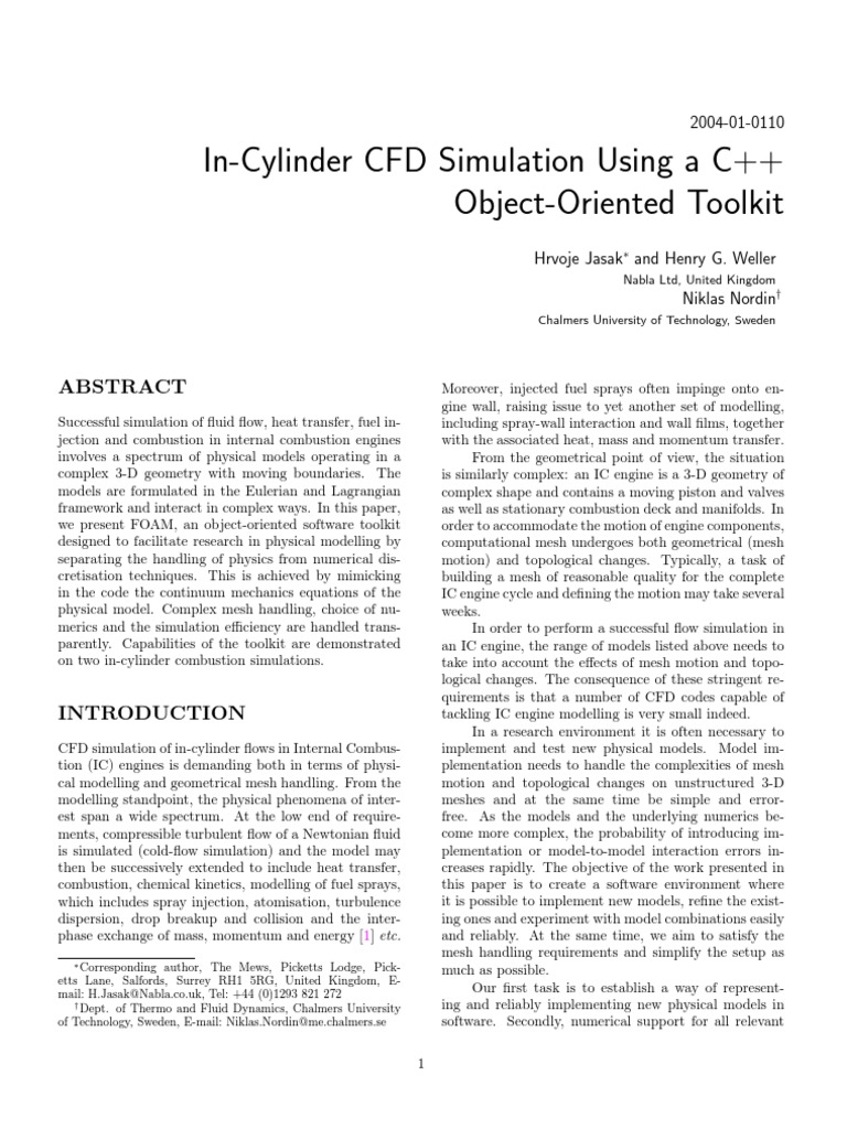 In Cylinder Cfd Simulation Using A C Object Oriented Toolkit Sae2004