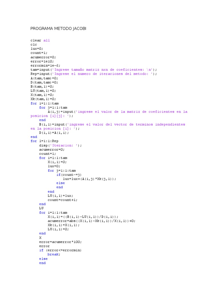 Programa Metodo Jacobi Matlab | PDF