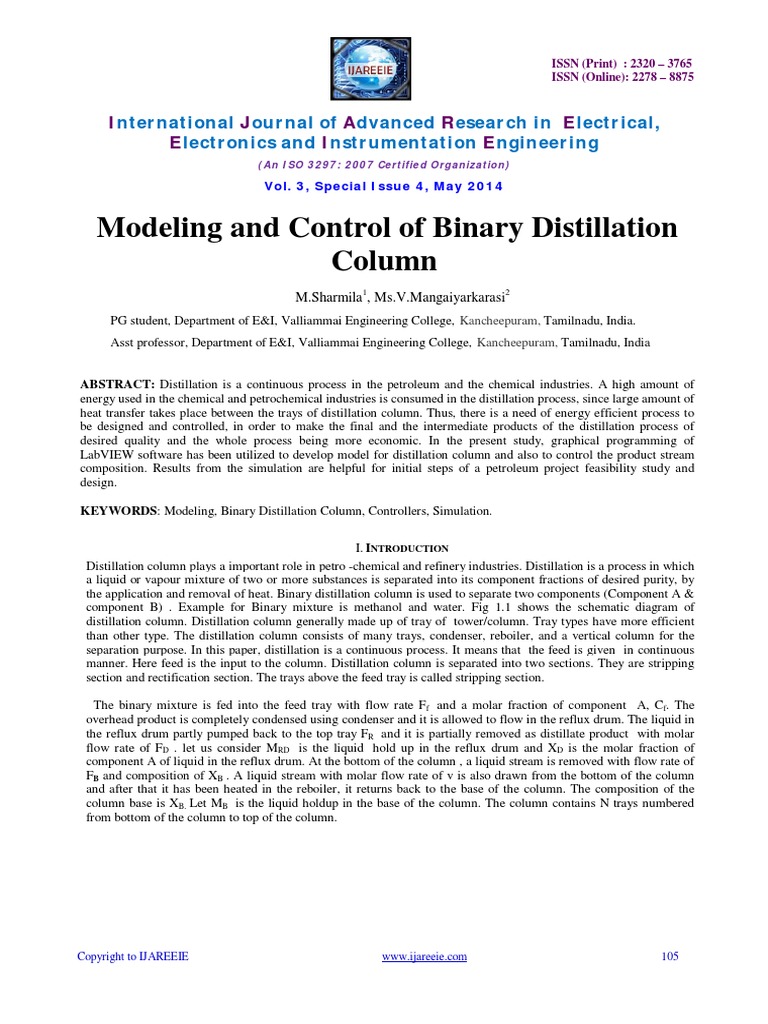Modeling And Control Of Binary Distillation Column Labview Pdf Pdf Distillation Control Theory