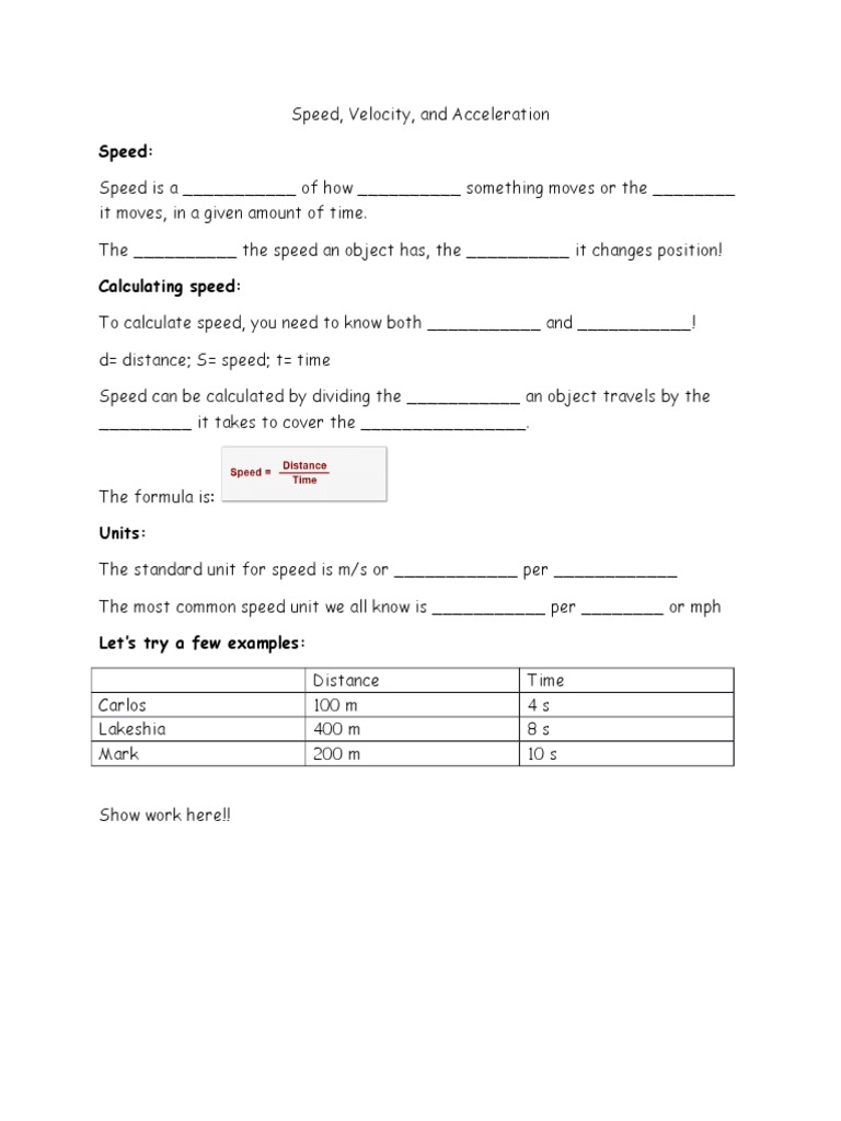 Speed Velocity and Acceleration Guided Notes 1 | PDF
