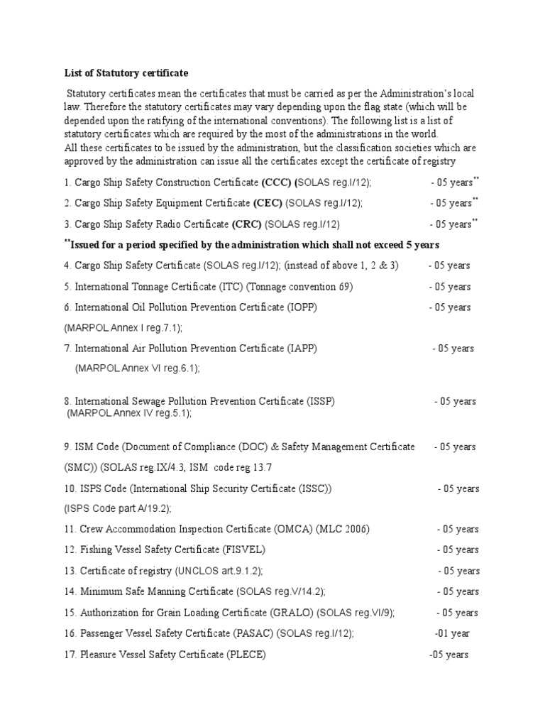 List of Statutory certificate.doc | Shipping | Water Transport