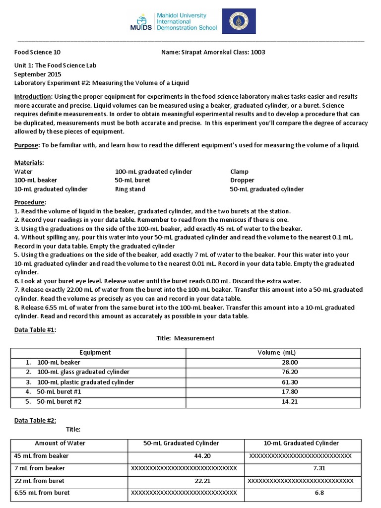 Measuring Liquid Volume in Lab Experiments | PDF | Science | Science ...