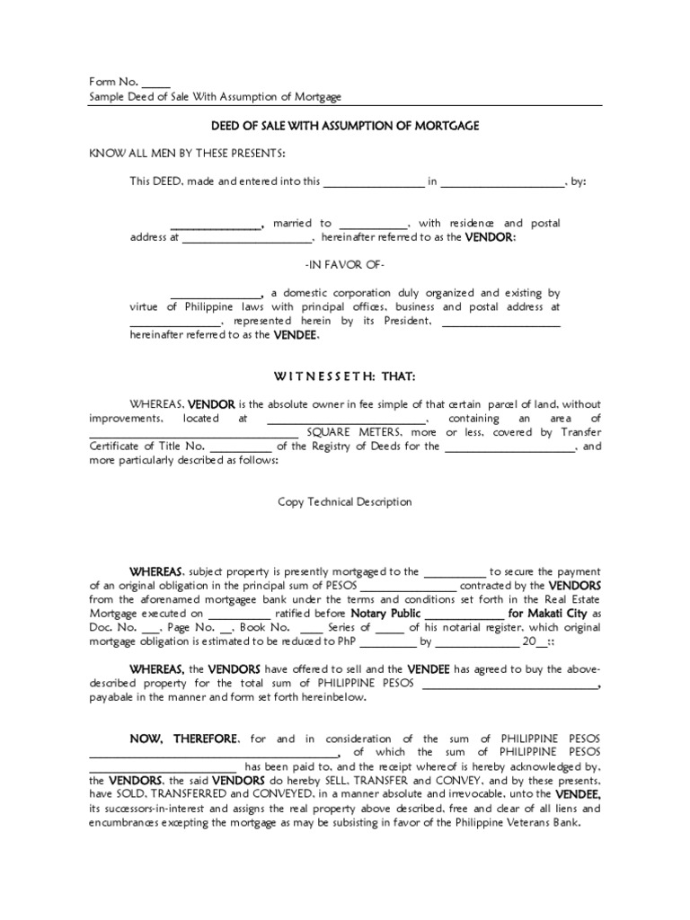Deed Odeed of Sale With Assumption of Mortgage (Landf Sale With ...