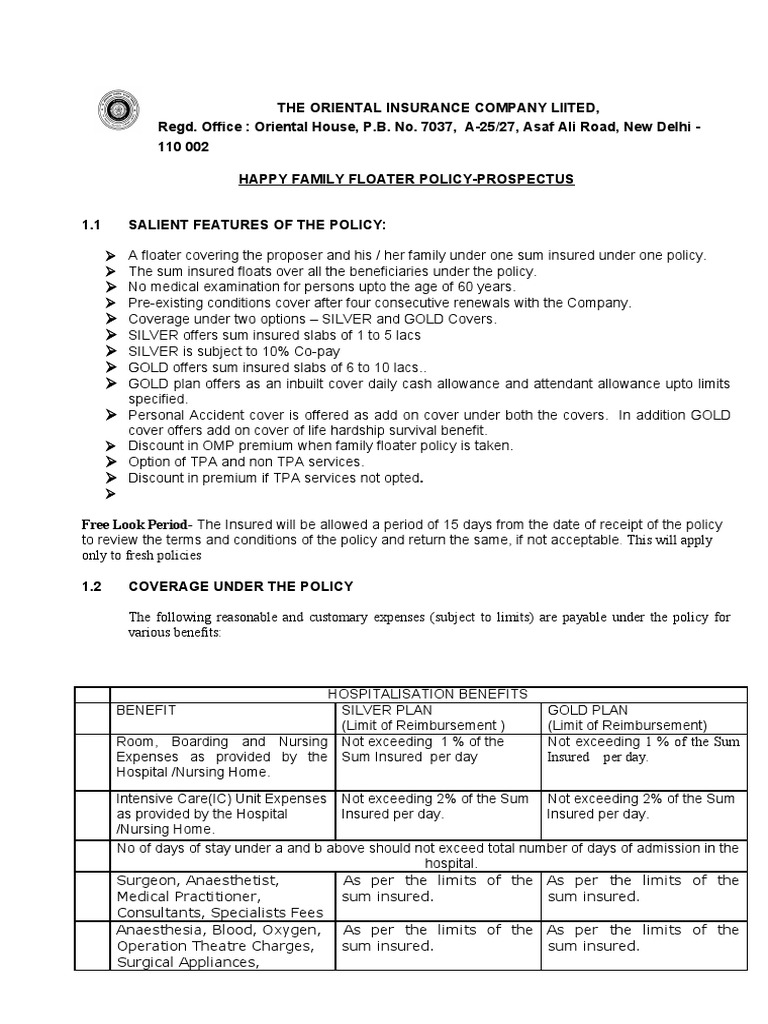 Happy Family Floater Prospectus 06052015 | PDF | Insurance | Hospital