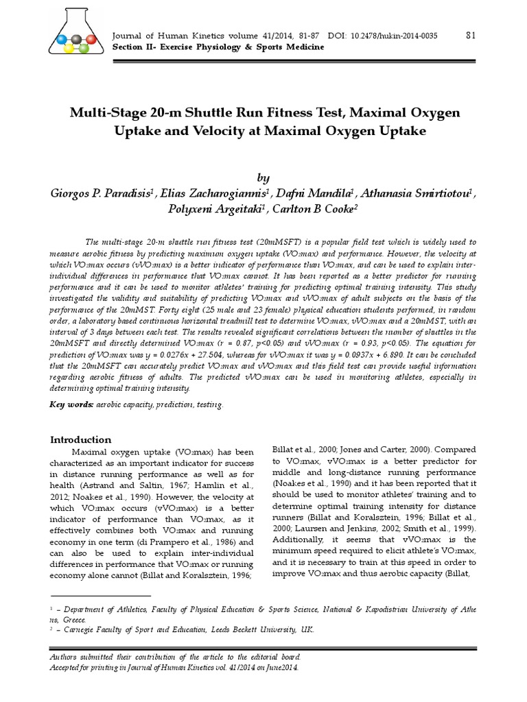 Multi-Stage 20-m Shuttle Run Fitness Test, Maximal Oxygen Uptake and ...