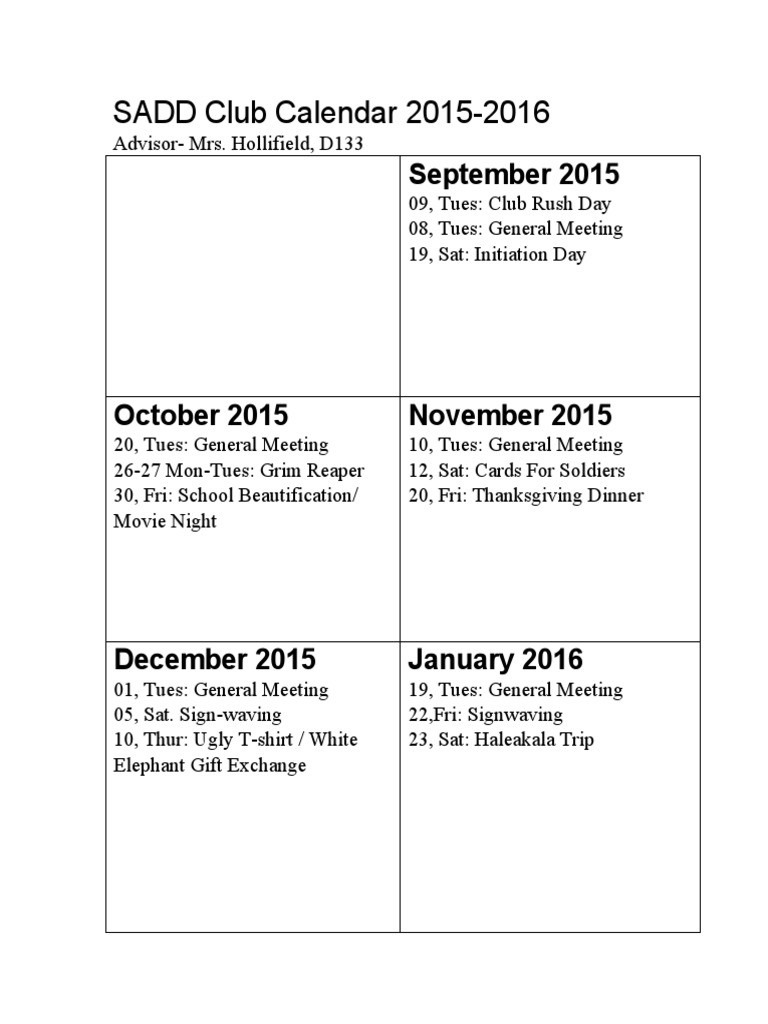 SADD Club Calendar 2015-2016 Events | PDF