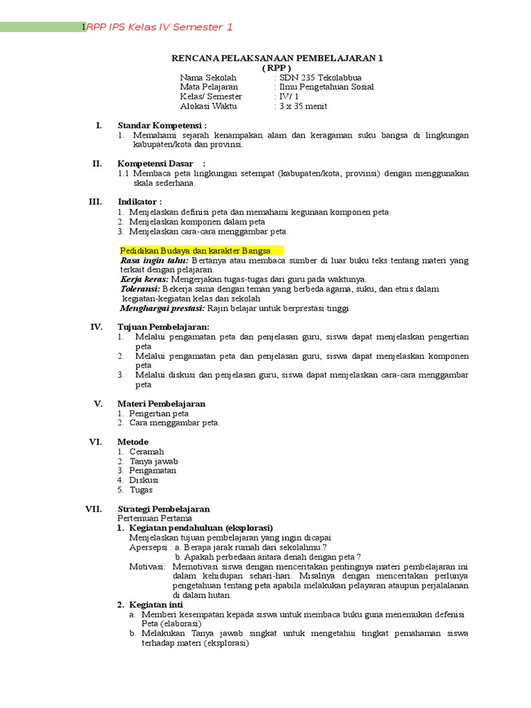 RPP Ips Kelas IV Semester 1 | PDF