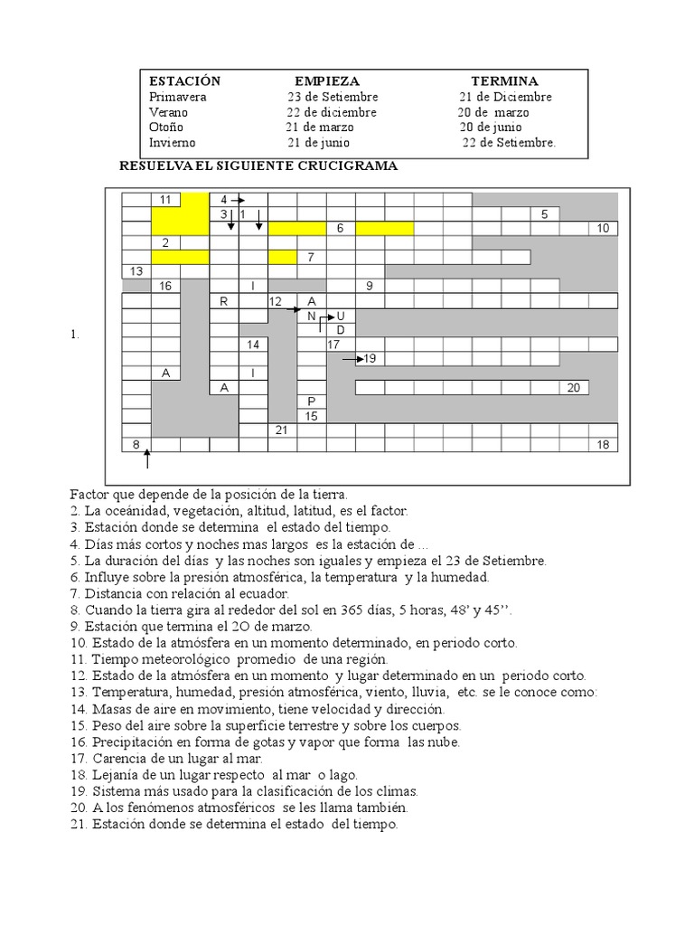 Hoja De Trabajo Con Respuestas Del Crucigrama Sobre El Clima