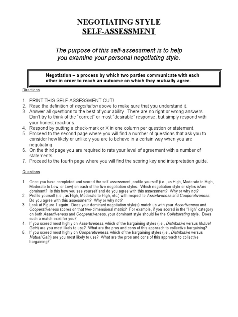Negotiation Style Self Assessment A Version | PDF | Bargaining ...