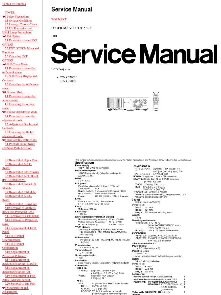 Panasonic Ptae700 Service Manual | PDF | Electrical Connector ...