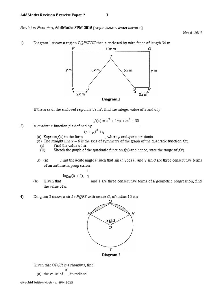 AddMaths Revision Exercise SPM 2015 | PDF | Function (Mathematics ...
