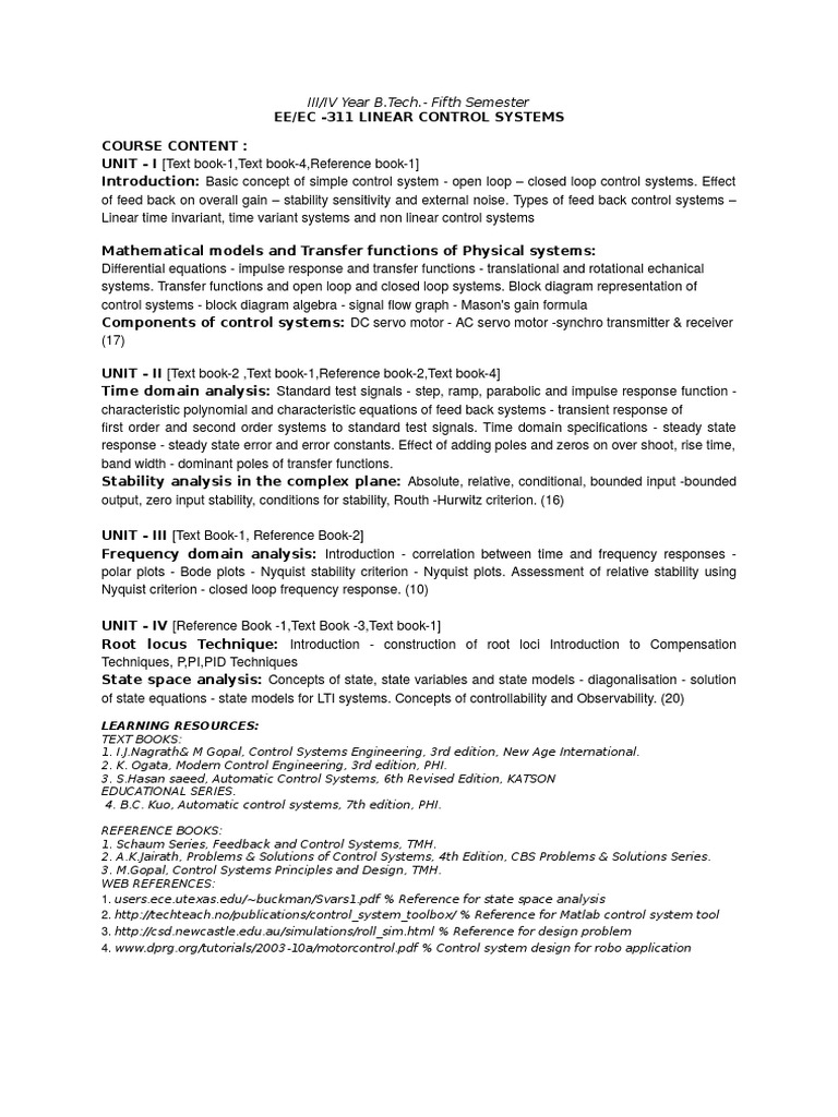 EE311 Syllabus | PDF | Control Theory | Telecommunications Engineering