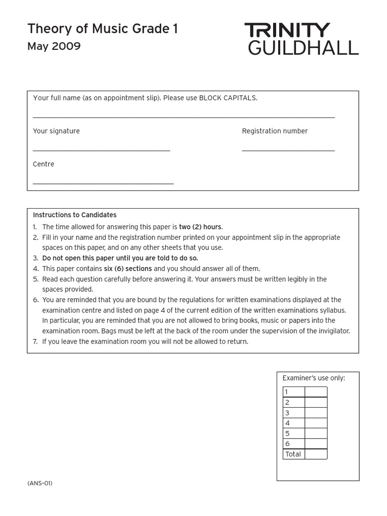 Trinity Grade 1 Music Theory Exam 2009 | PDF | Scale (Music) | Musicology