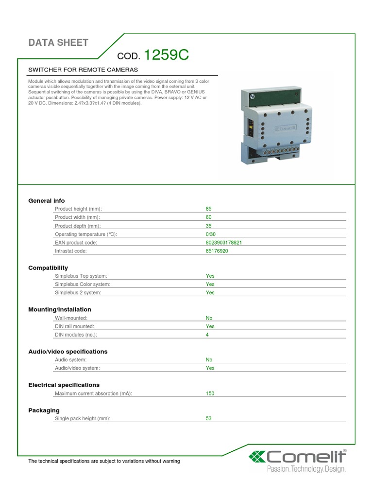 Comelit 1259C Data Sheet | PDF