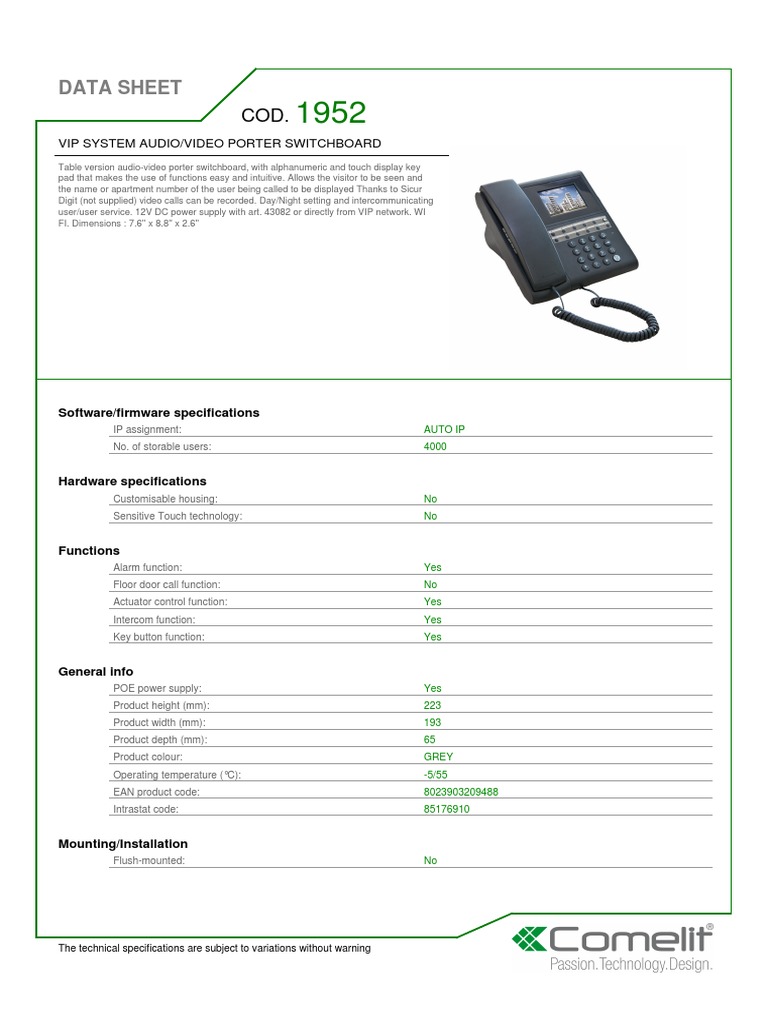 Comelit 1952 Data Sheet | PDF
