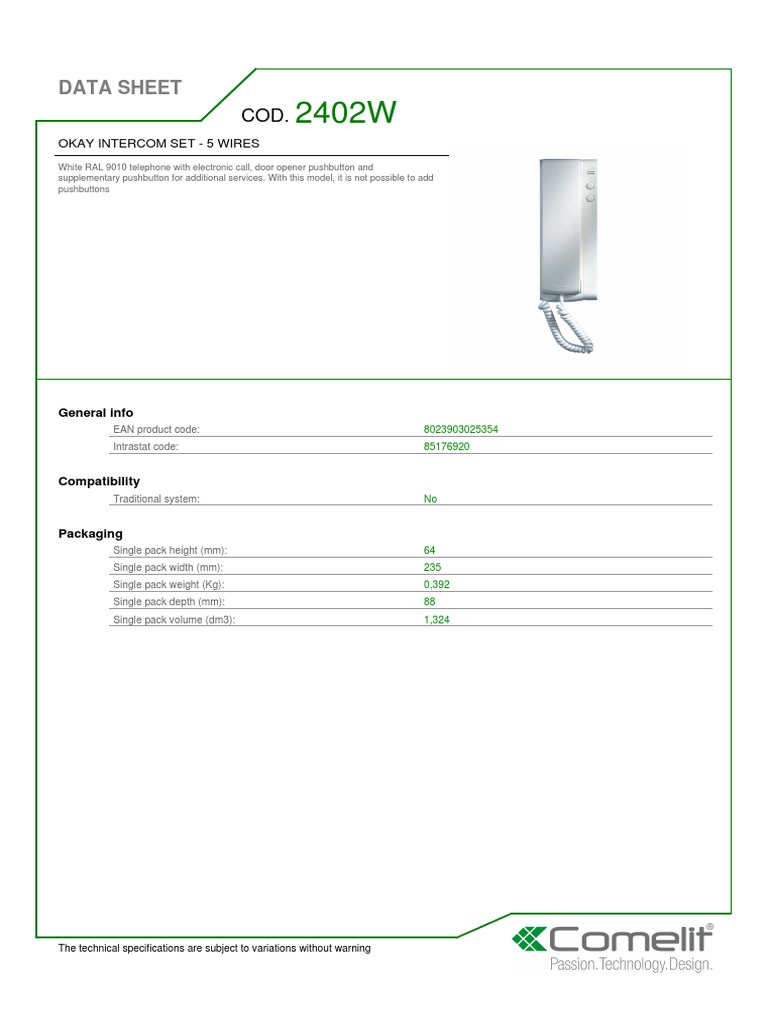 Comelit 2402W Data Sheet | PDF