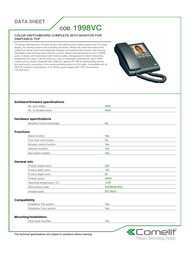 Comelit 1998VC Data Sheet | PDF