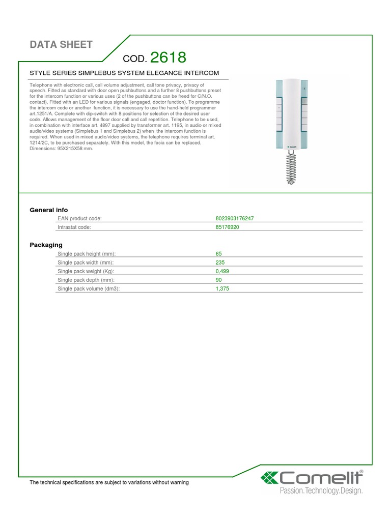 Comelit 2610 Intercom Data Sheet | PDF