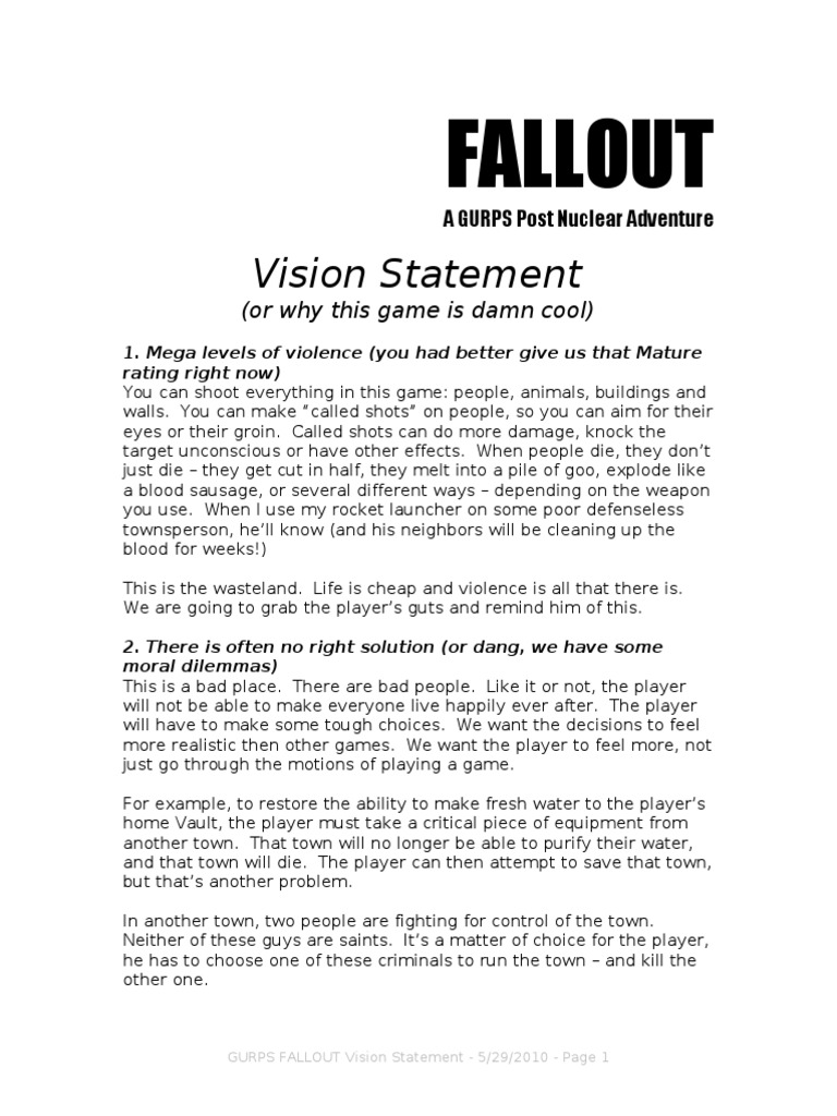Fallout 1 Vision Statement | PDF | Video Games | Gaming
