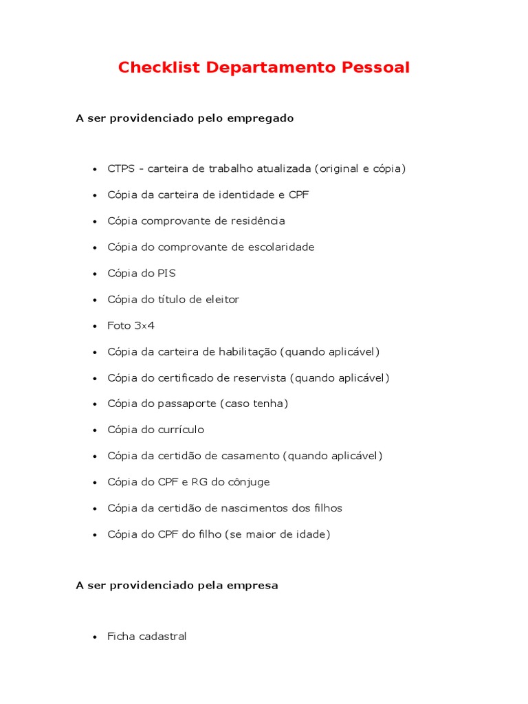 Checklist Departamento Pessoal | PDF