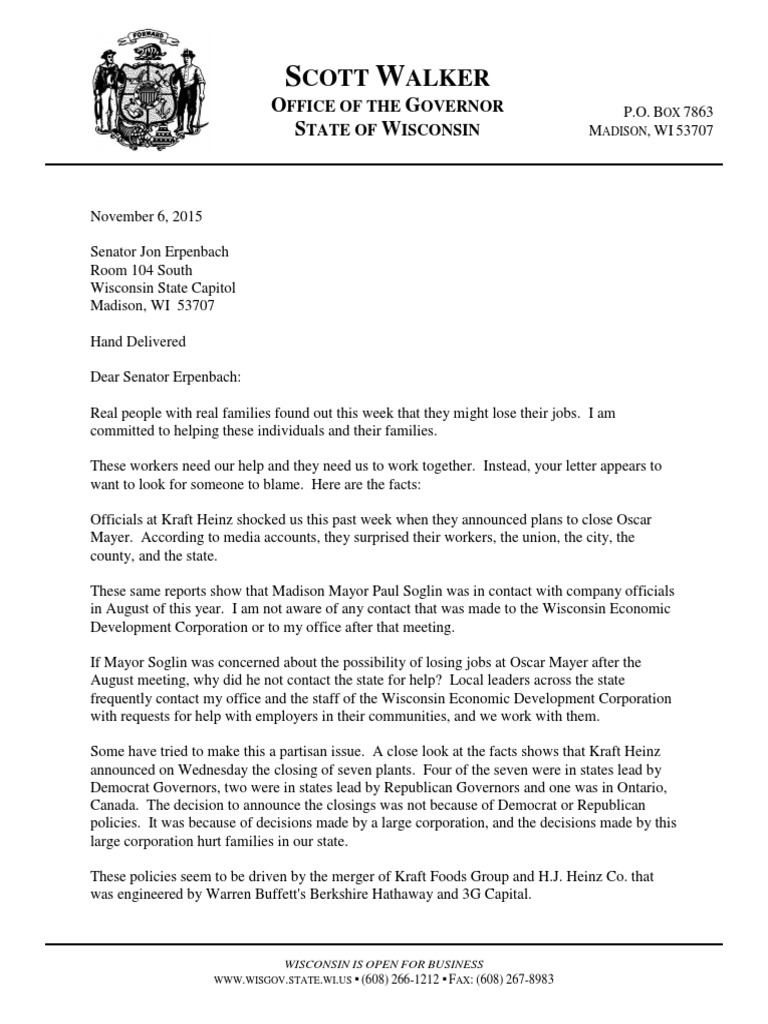 Walker Letter To Erpenbach | PDF | Wisconsin | Kraft Foods