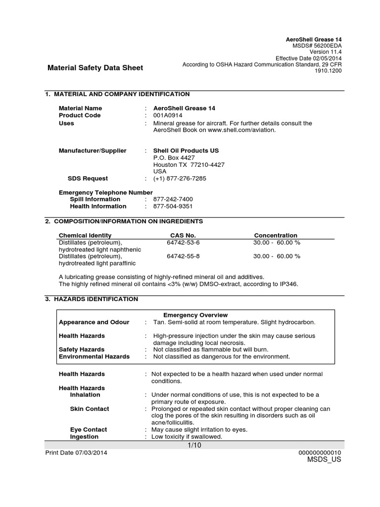 AeroShell Grease 14 MSDS -SkySupplyUSA | Personal Protective Equipment ...