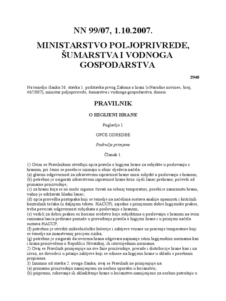 Pravilnik o Higijeni Hrane | PDF