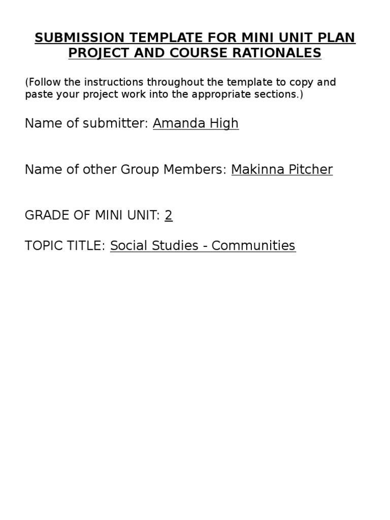 Submission Template For Mini Unit Plan Project and Course Rationales ...