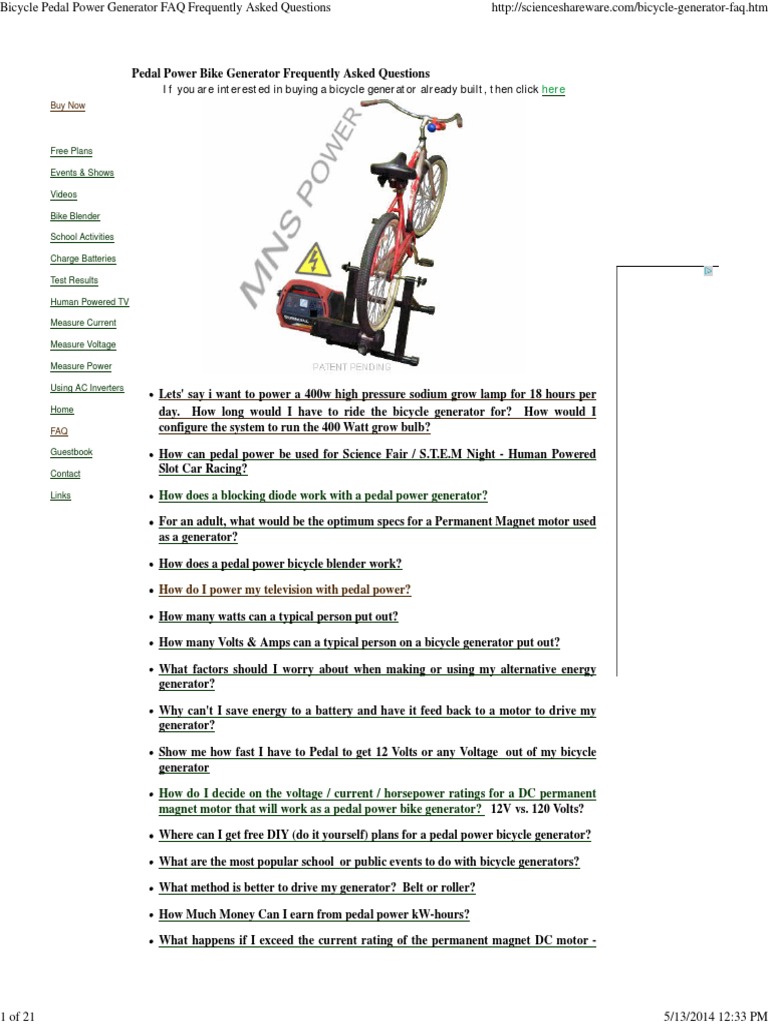 Bicycle Pedal Power Generator FAQ Frequently Asked Questions PDF | Download Free PDF | Power ...