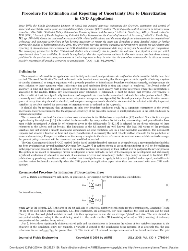 Procedure For Estimation and Reporting of Uncertainty Due To Discretization in CFD Applications ...