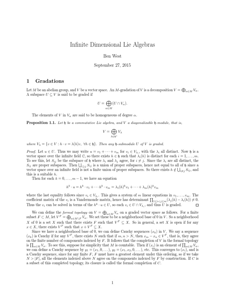 Infinite Dimensional Lie Algebras: 1 Gradations | PDF | Linear Subspace | Vector Space