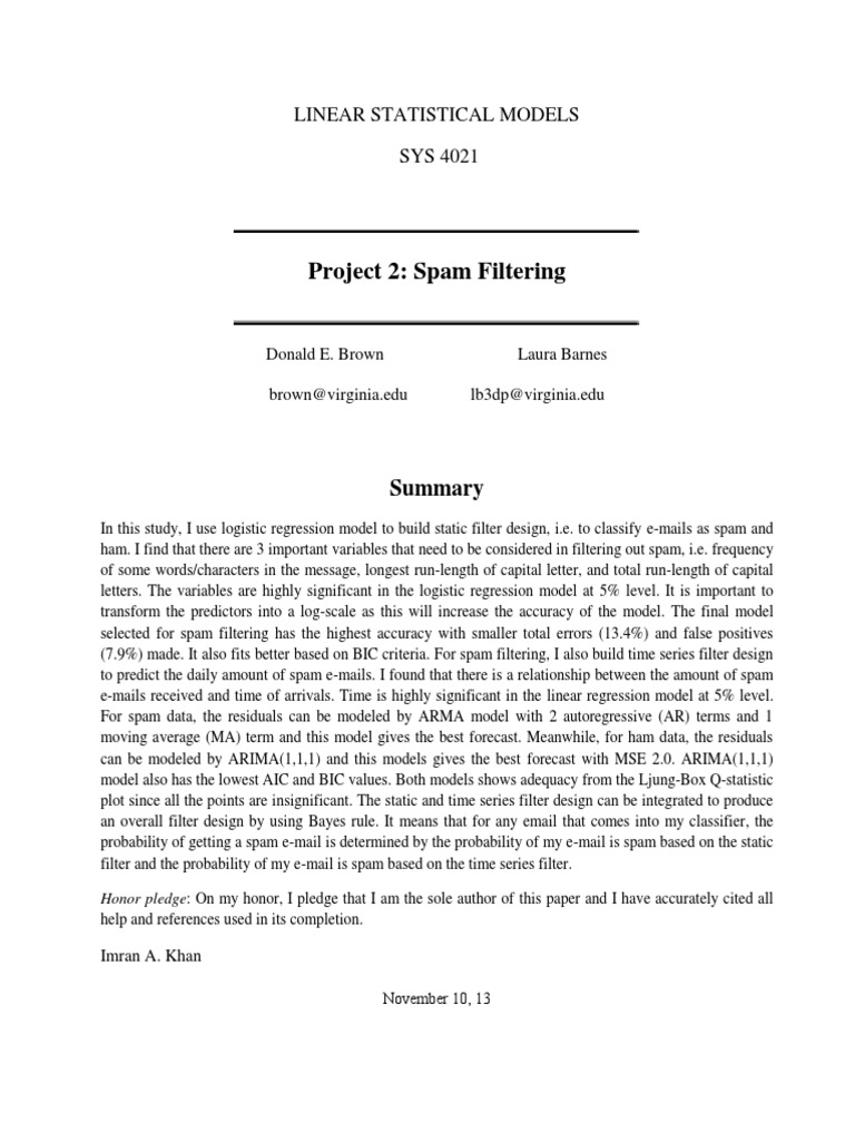 Project 2: Spam Filtering: Linear Statistical Models SYS 4021 | PDF | Autoregressive Integrated ...