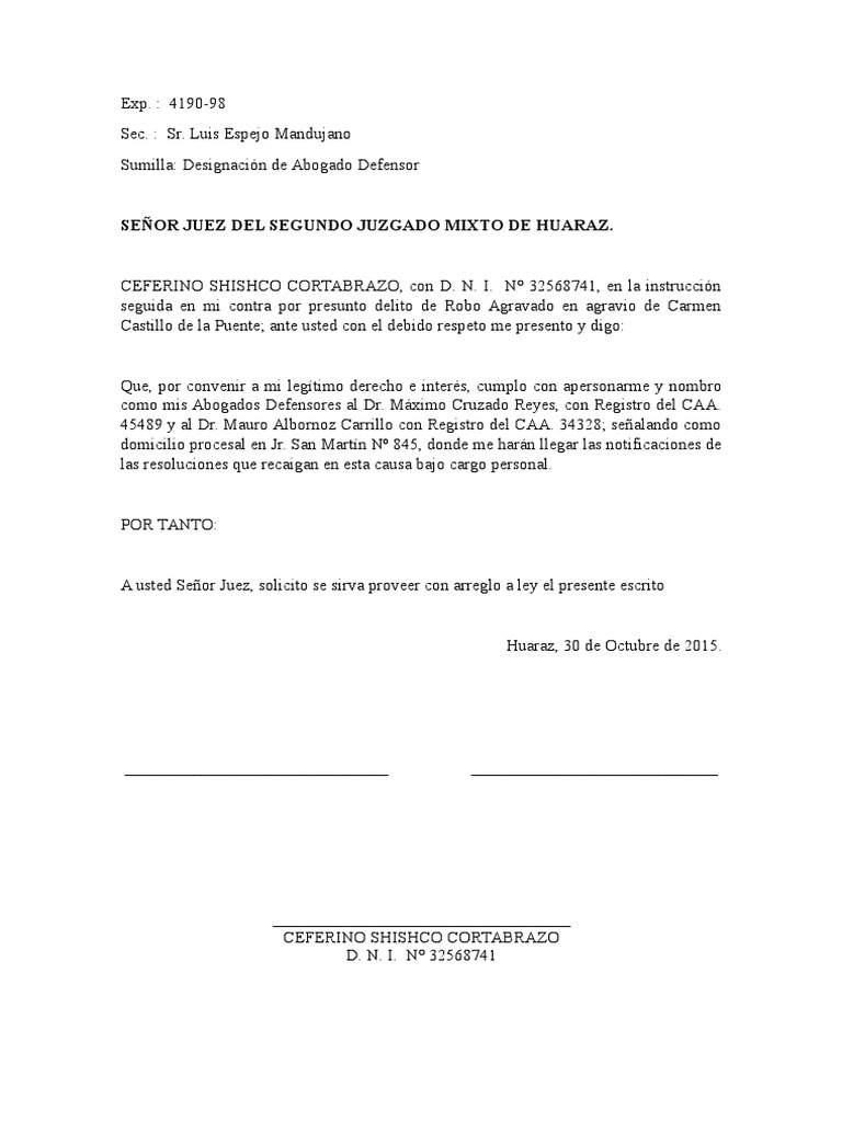 Escrito Designando Abogado Defensor | PDF