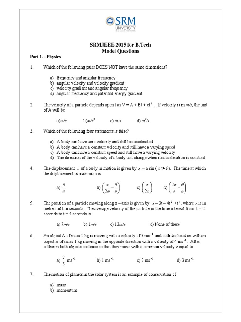 SRMJEEE Sample Paper-5 (Btech - Model - Questions) | PDF