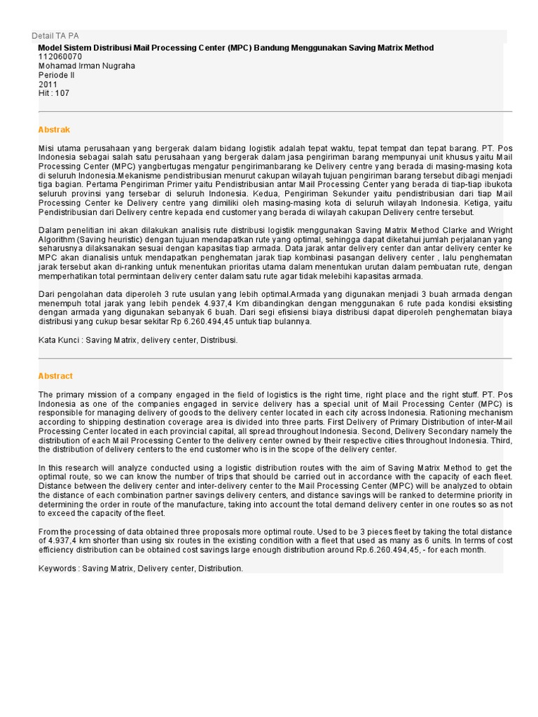Model Sistem Distribusi Mail Processing Center (MPC) Bandung ...