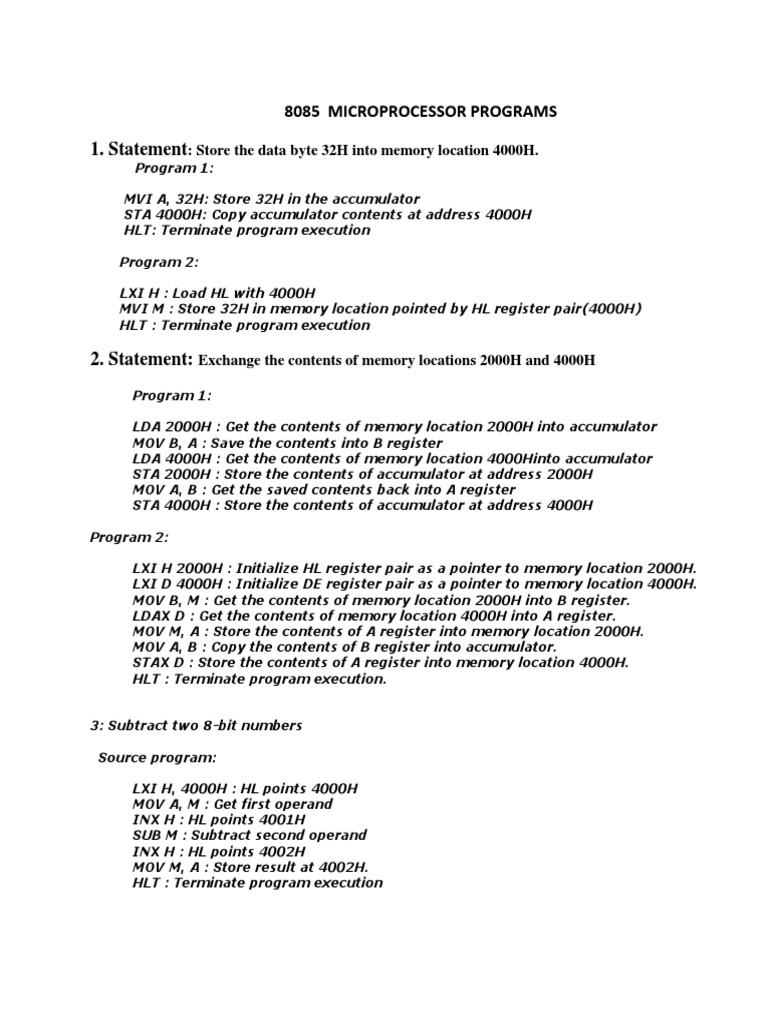 8085 Microprocessor Programs 1 Statement Store The Data Byte 32h Into Memory Location 4000h 
