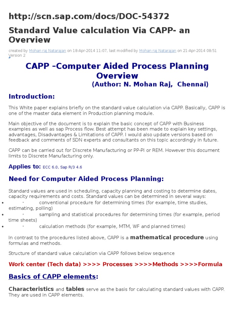 CAPP - Computer Aided Process Planning: Standard Value Calculation Via ...