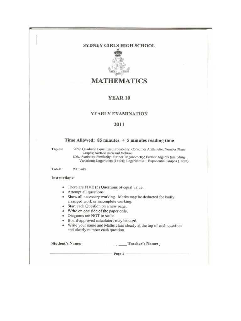 Year 10 Yearly Mathematics | PDF