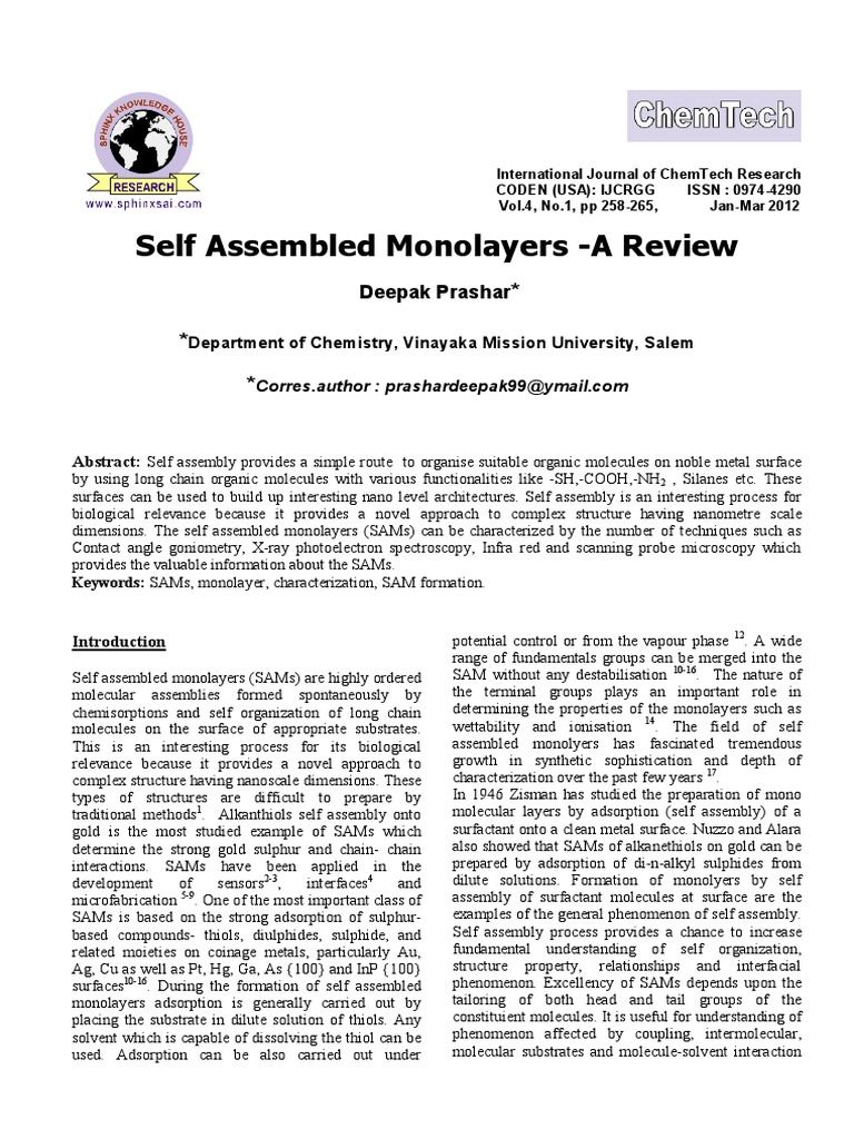 Self Assembled Monolayers - A Review | PDF | Adsorption | Chemical Compounds
