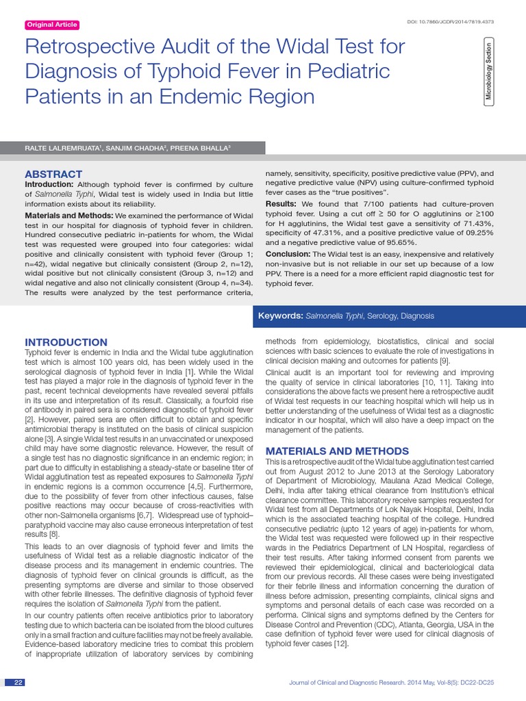 Retrospective Audit of The Widal Test For Diagnosis of Typhoid Fever in ...